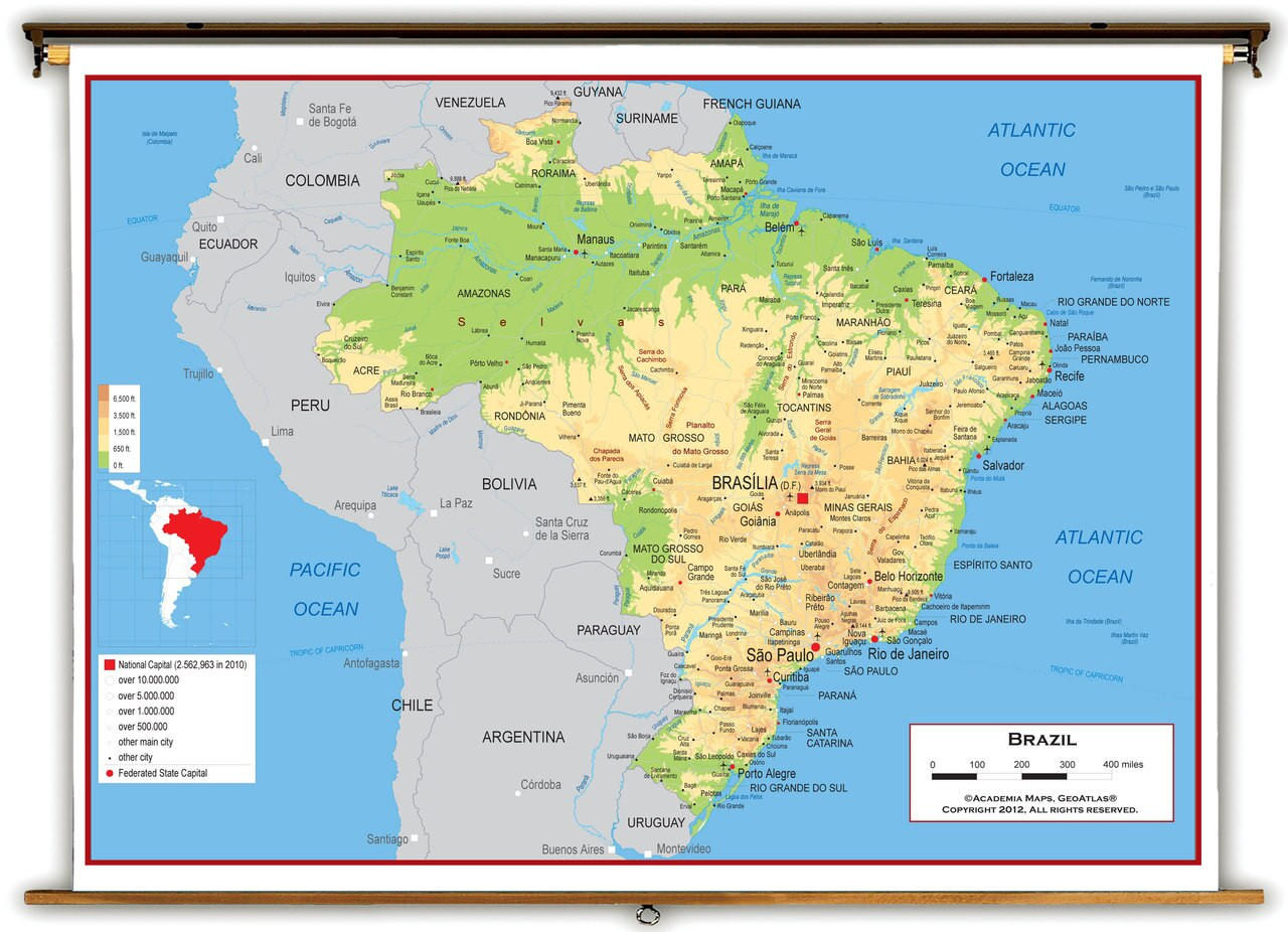 Brazil Physical Educational Wall Map from Academia Maps | World Maps Online