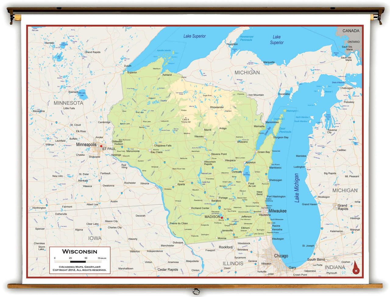 Wisconsin Physical Pull-Down Map | World Maps Online