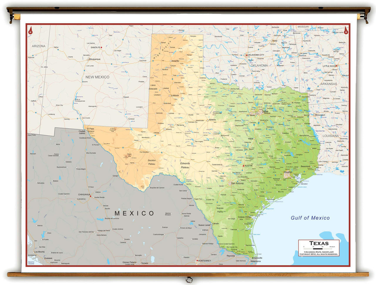 Texas Physical Spring Roller Map | World Maps Online