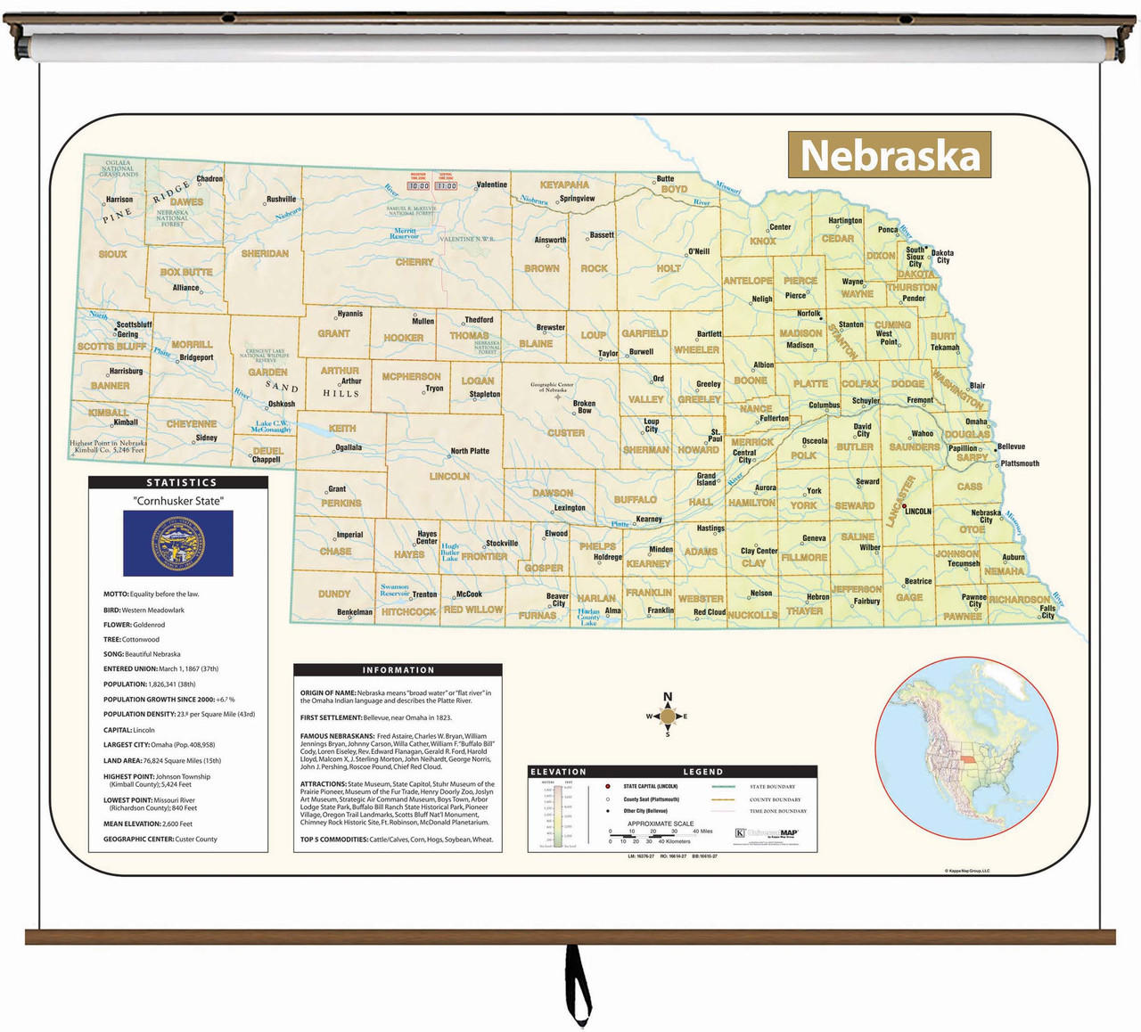 Nebraska Large Shaded Relief Map on Spring Roller from Kappa Maps ...
