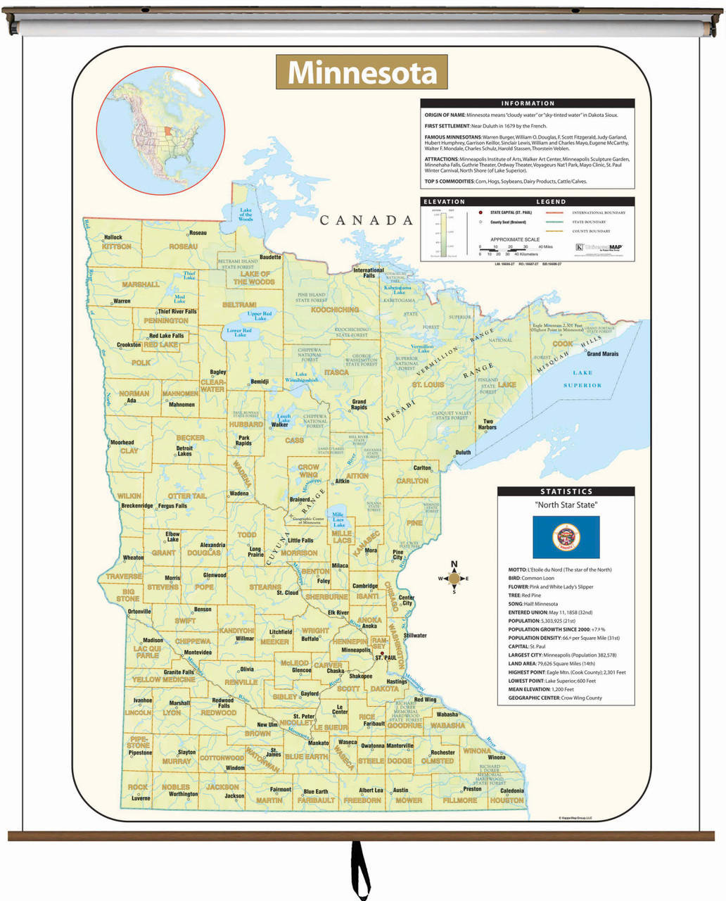 Minnesota Large Shaded Relief Map on Spring Roller from Kappa Maps ...