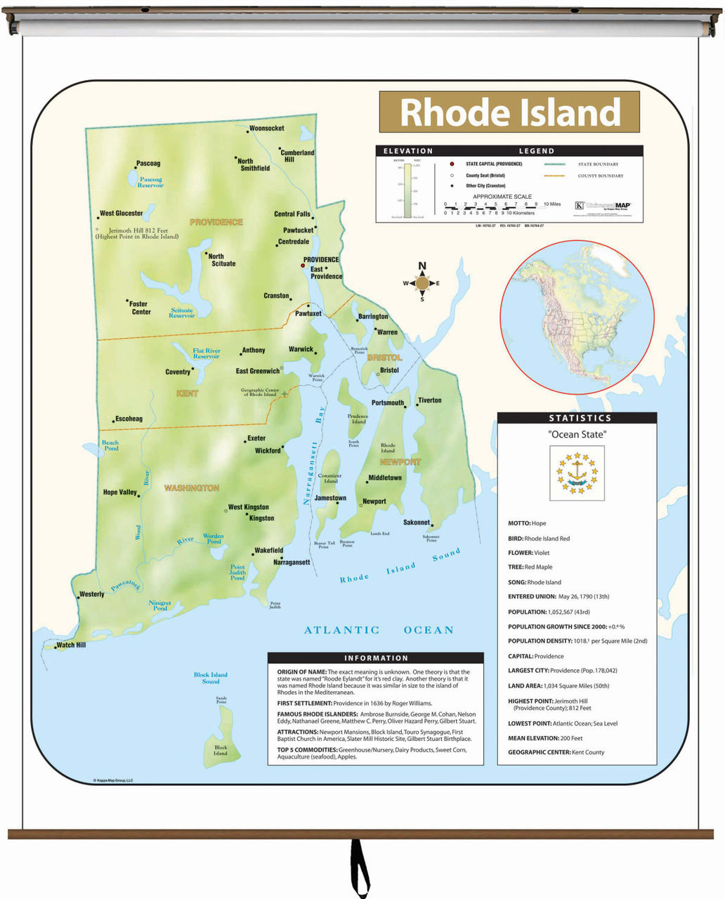 Rhode Island Large Shaded Relief Map on Spring Roller from Kappa Maps ...