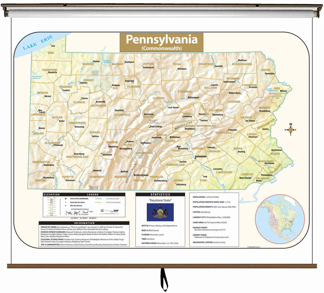 Pennsylvania Large Shaded Relief Map on Spring Roller from Kappa Maps ...
