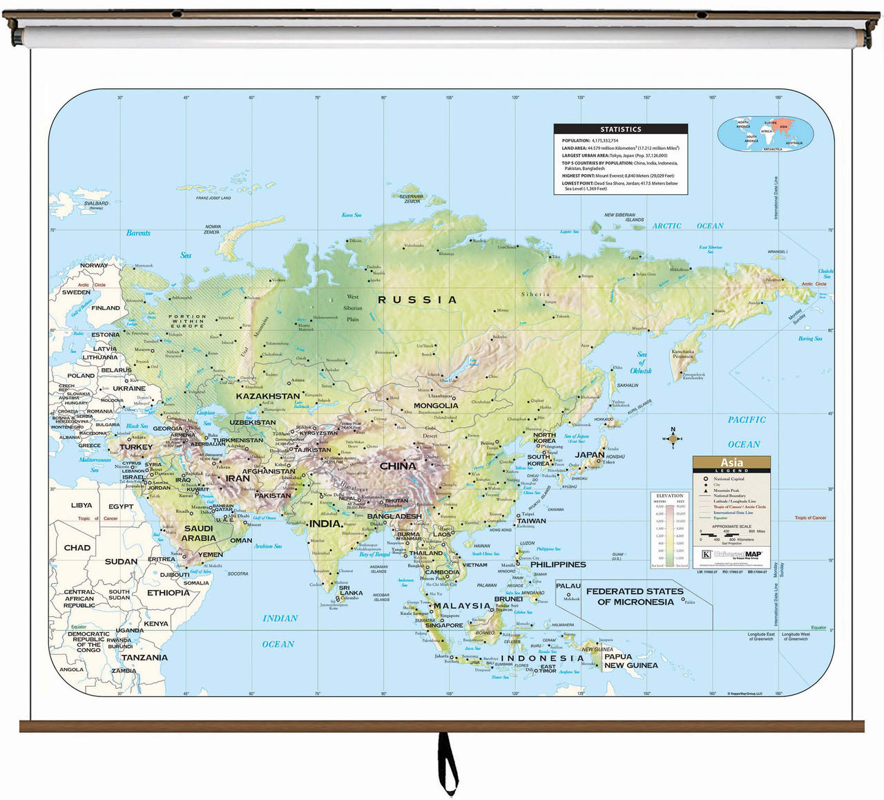 Asia Large Shaded Relief Map on Spring Roller from Kappa Maps | World ...