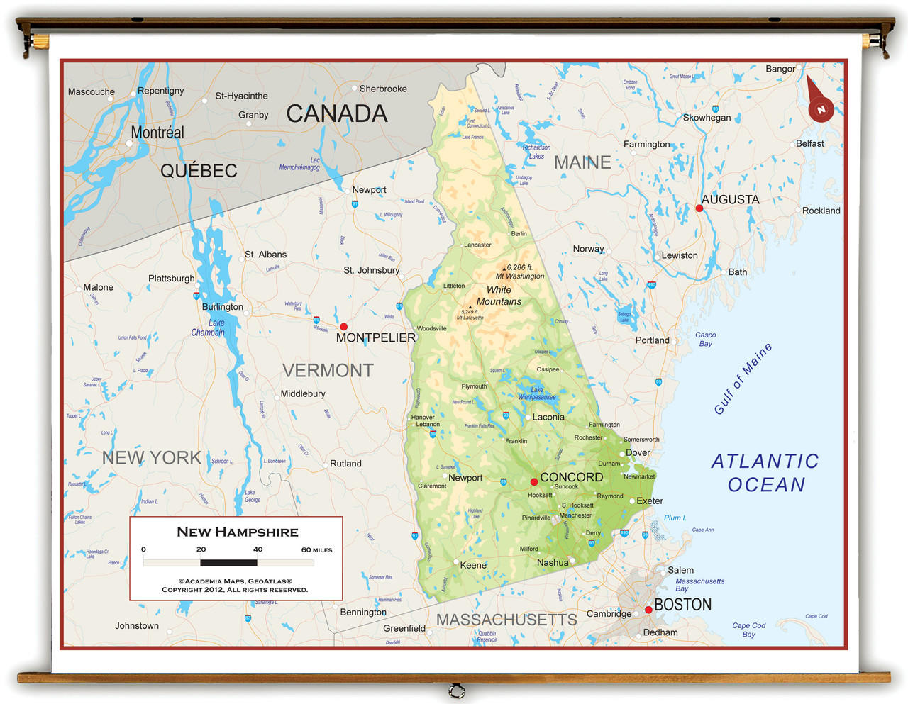 New Hampshire Physical Spring Roller Map | World Maps Online