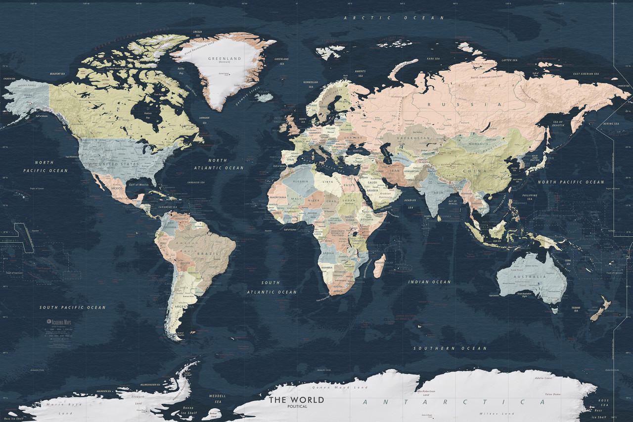 Dark Navy Ocean World Political Map Mural - Large Peel & Stick ...