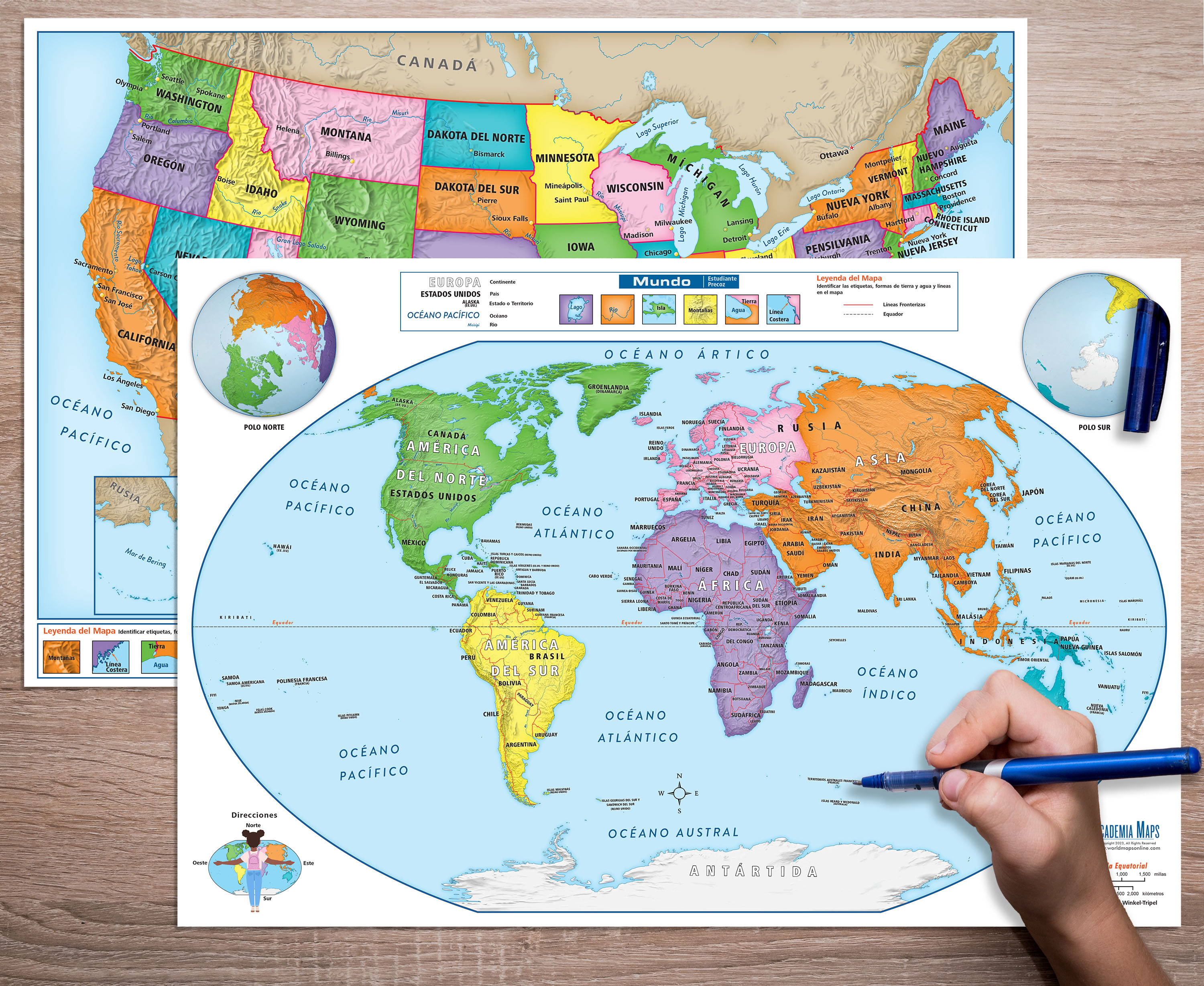 Academia Early Learner Spanish Language U.S. & World Political Desk Map ...