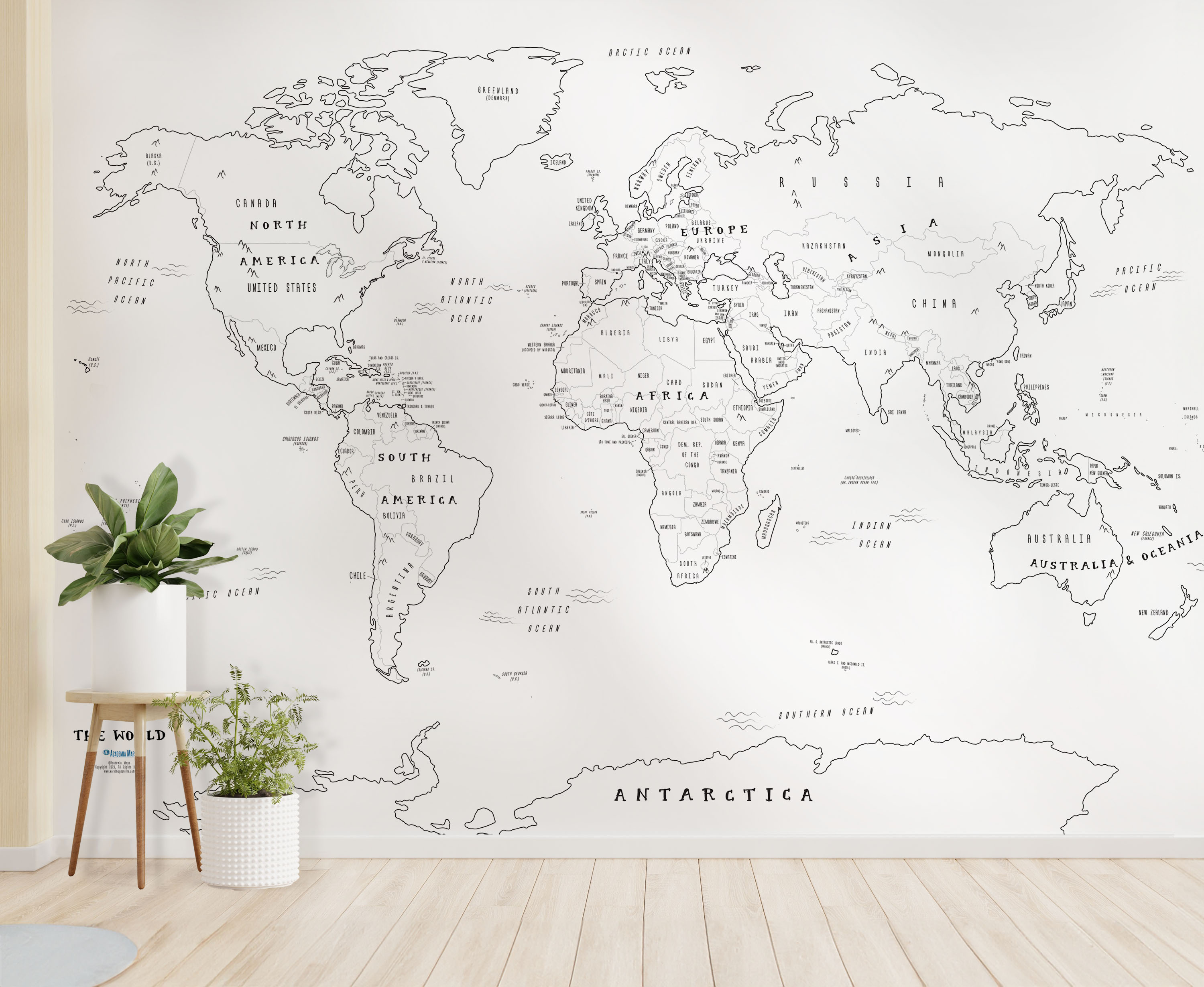 Minimalist World Black & White World Outline Map Mural - Removable ...