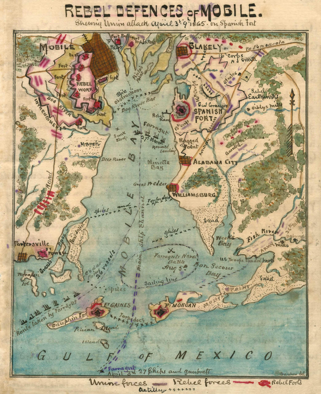 Historic Map - Mobile, AL - Civil War - Rebel Defenses of Mobile - 1865 ...