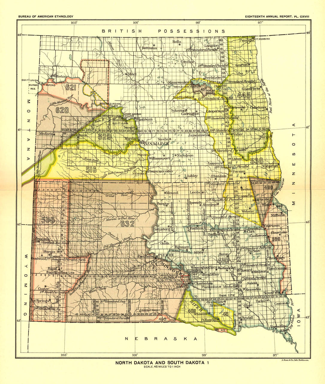 Historical Map of North Dakota & South Dakota - Indian Lands - 1896 ...