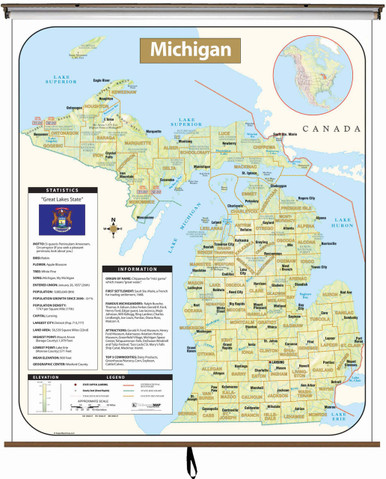 Michigan Large Shaded Relief Map on Spring Roller from Kappa Maps ...