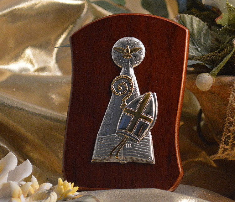 Large Italian Silver Confirmation icon on a Teardrop wood stand