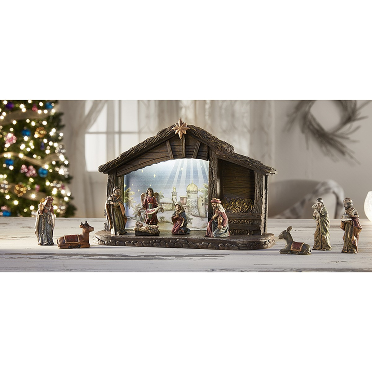 Eleven-Piece Nativity Set with Lighted Stable