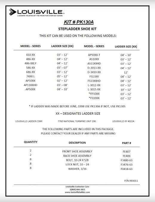 Louisville Step Ladder Feet PK130A Installation Instructions - Ladder ...