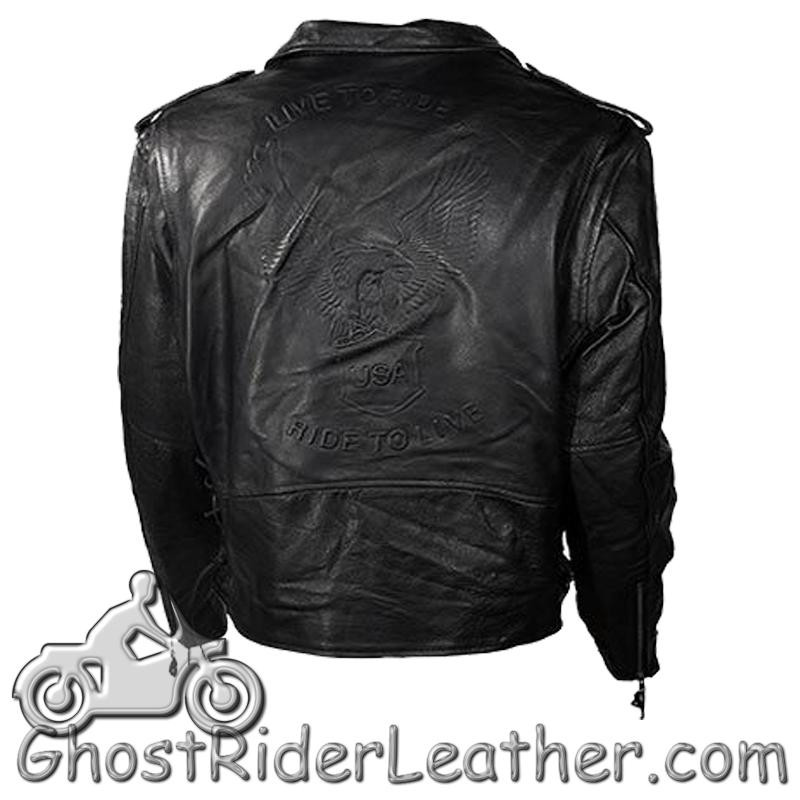 Embossed Black Eagle Motorcycle Jacket with Side Laces and Live To Ride ...