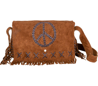 Brown Suede Leather Purse - Peace Sign - Fringe - Handbag - Large ...