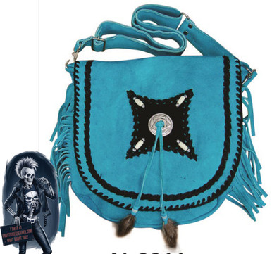 Turquoise Blue Suede Leather Purse - Beads - Bones - Concho - Fringe ...