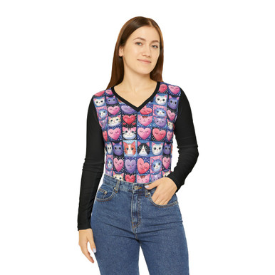 Hearts for Kitties - Pattern 100 - Women's Long Sleeve V-neck Shirt - Tee
