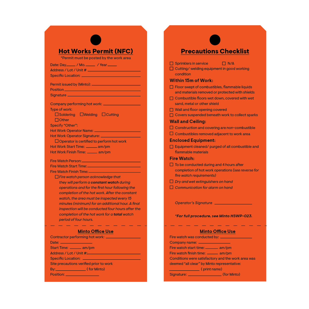 M057 Orange Hot Work Permit Tags - 4"x10"
