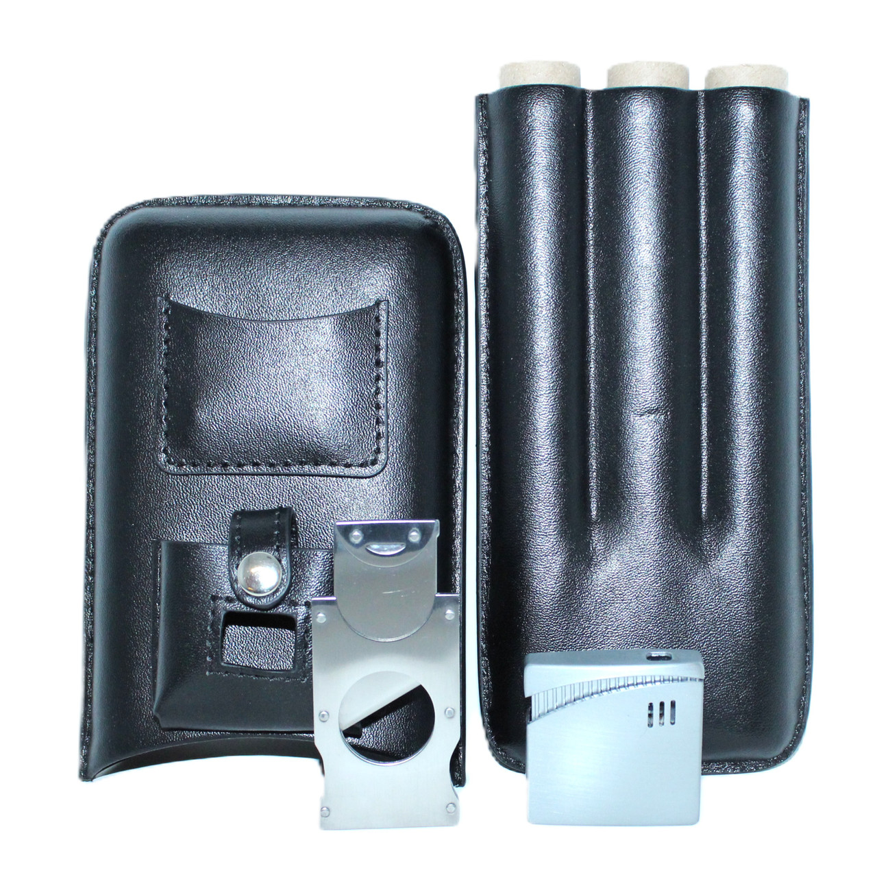 CUBAN CRAFTERS CIGAR CASE 3 FINGERS BLACK, LIGHTER & CUTTER
