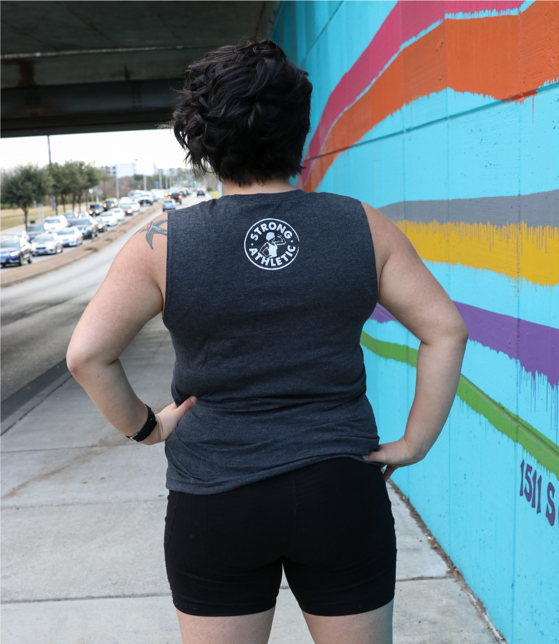 Strong Athletic Human Crew Neck Muscle Tank Grey with White Ink