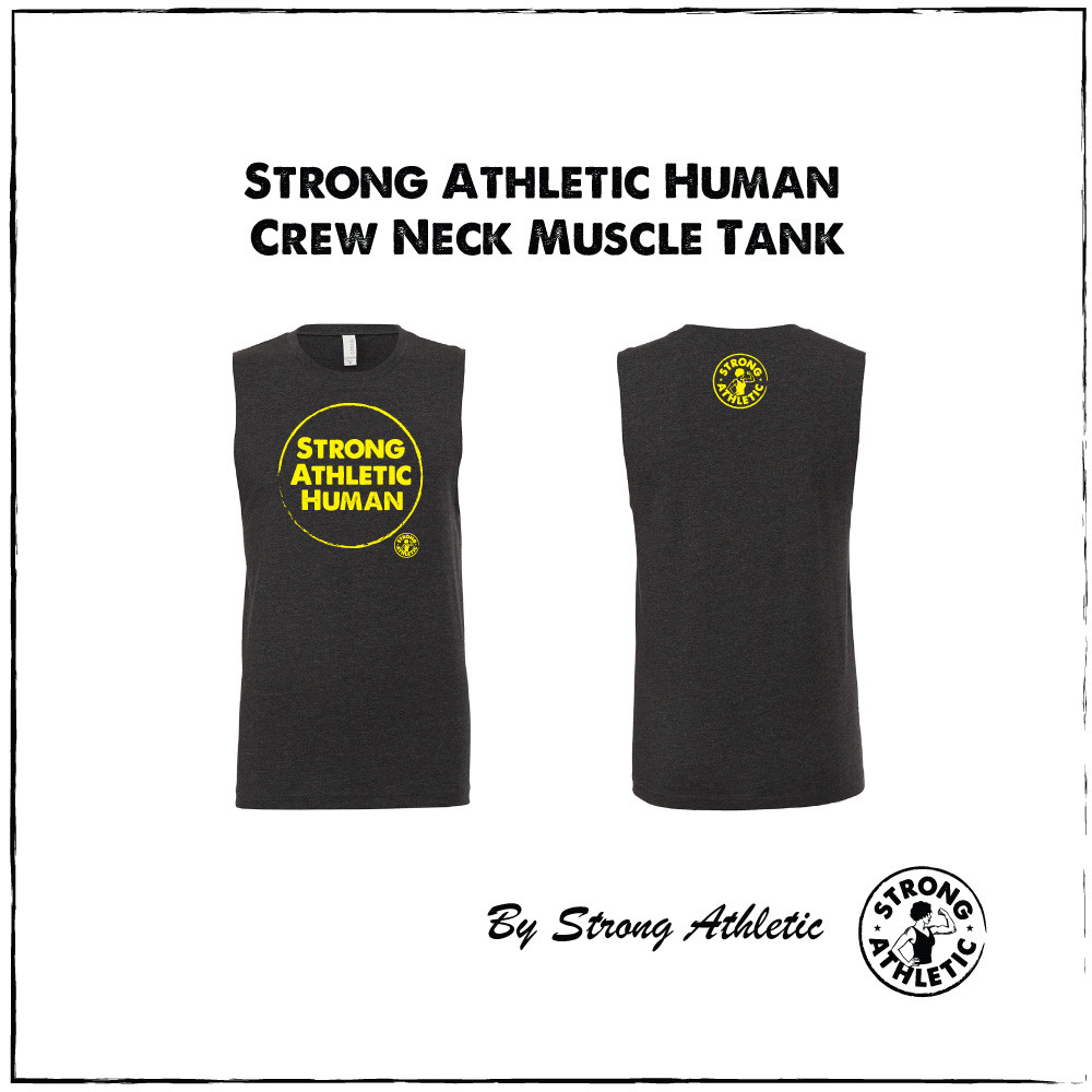 Strong Athletic Human Crew Neck Muscle Tank Dark Grey with Yellow Ink