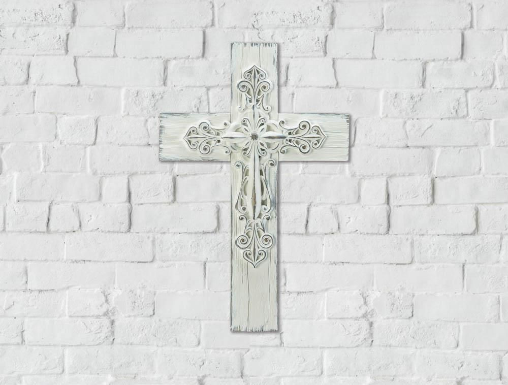 Whitewashed Polyresin Raised Intricate Scrollwork Ornate Spiritual Cross
