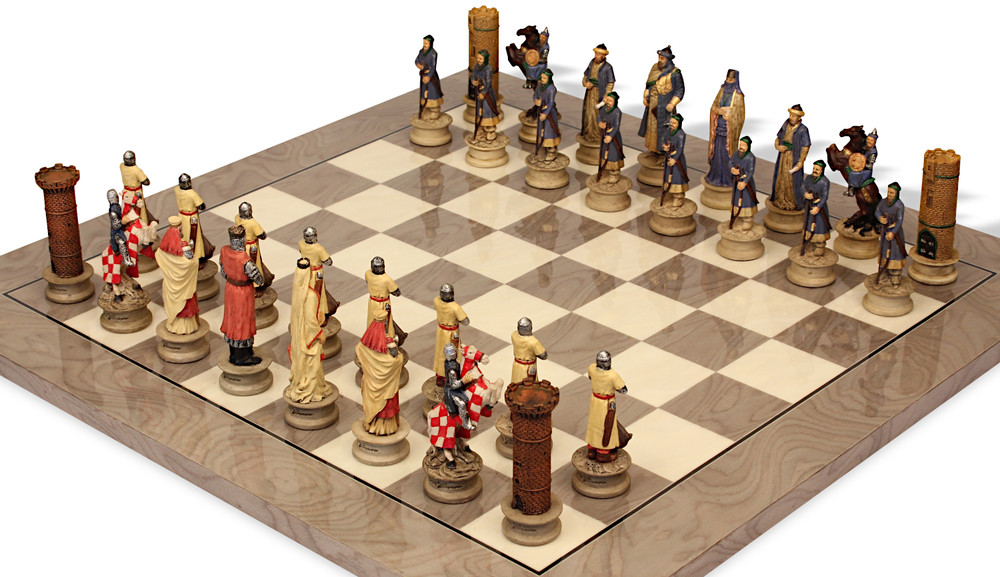 The Crusades Theme Chess Set with Classic Walnut & Maple Chess Board