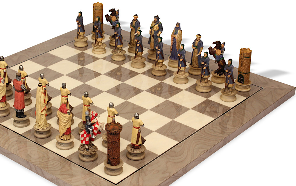 The Crusades Theme Chess Set with Classic Walnut & Maple Chess Board