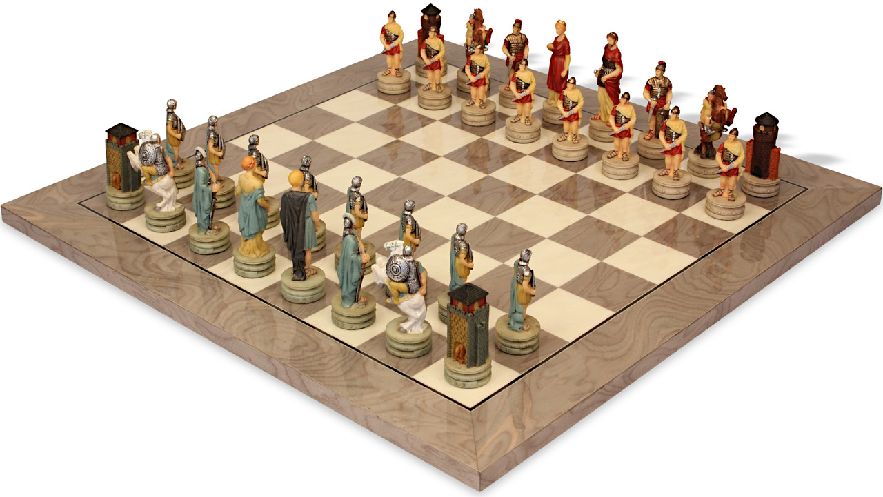Rome & Greece Theme Chess Set with Classic Walnut & Maple Chess Board