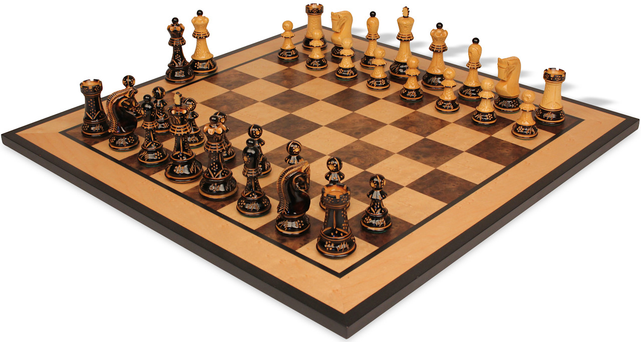 Zagreb Series Chess Set Decorative Burnt Boxwood Pieces with Walnut ...