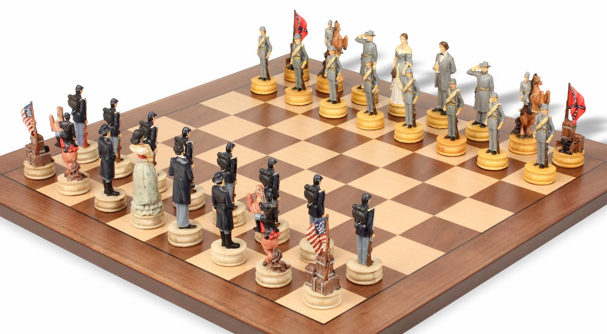 Civil War II Theme Chess Set with Classic Walnut & Maple Chess Board