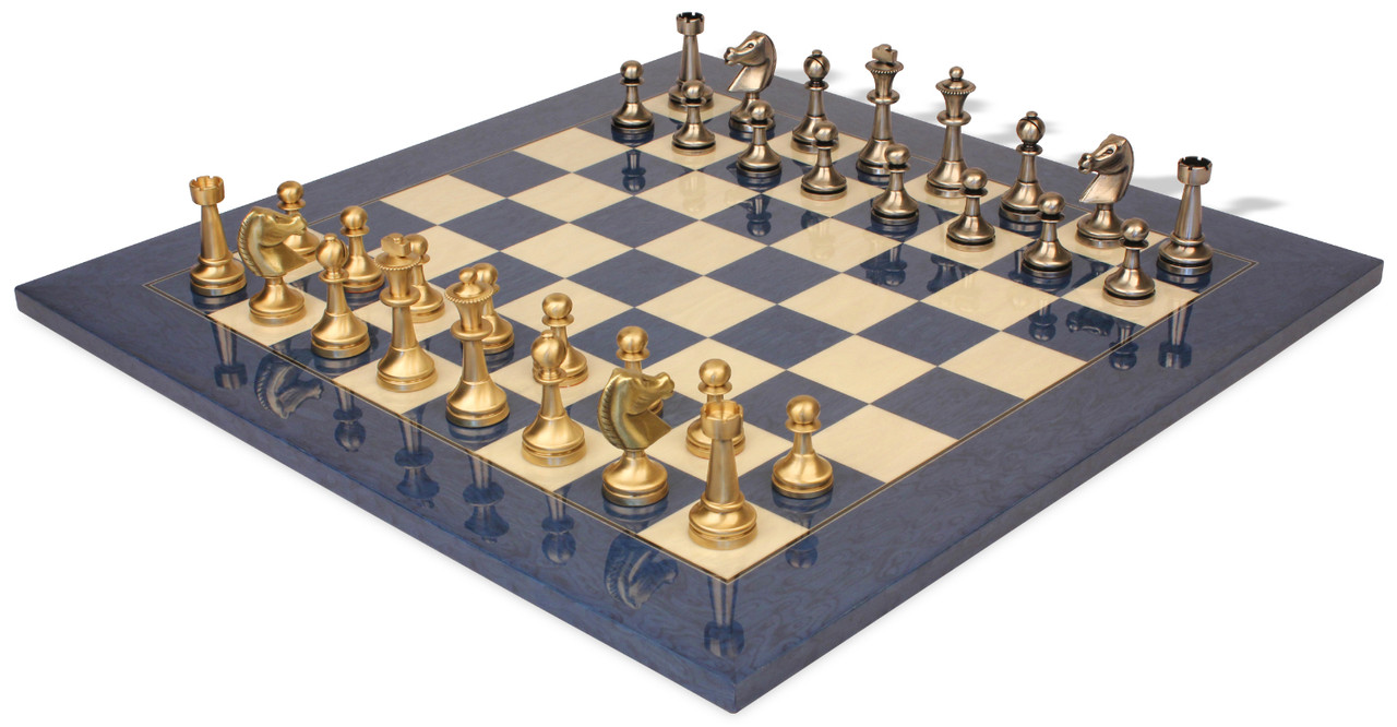 Traditional Staunton Solid Brass Chess Set with Blue Ash Burl Chess ...