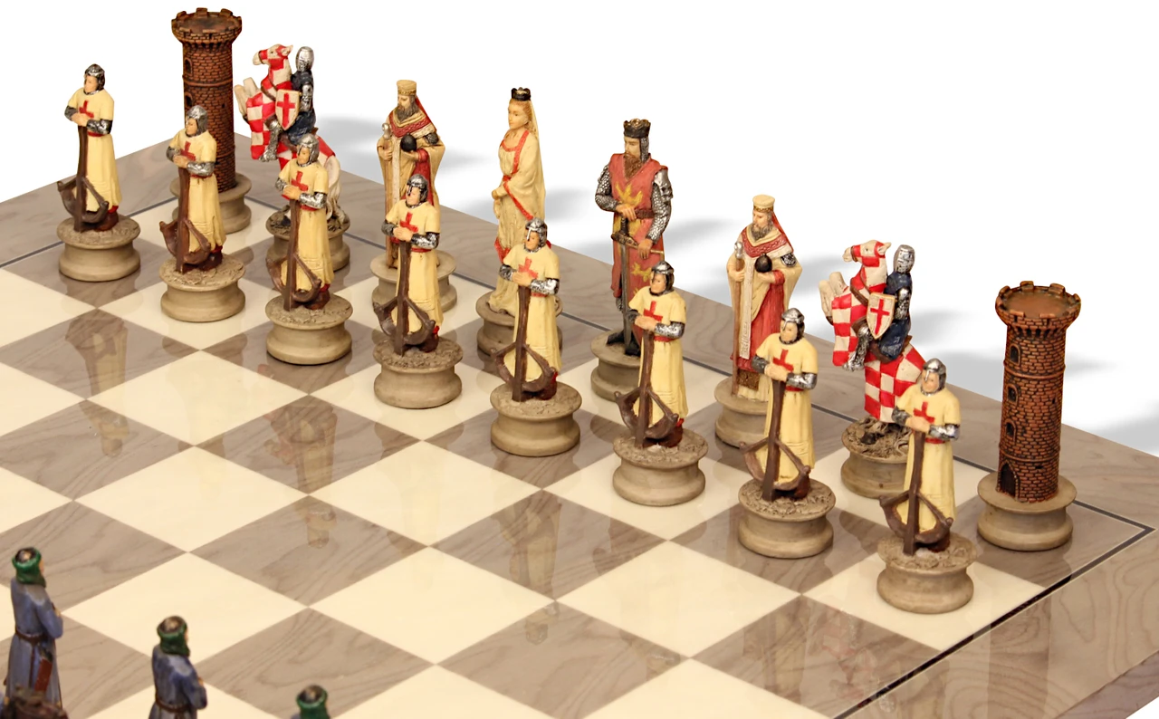 The Crusades Theme Chess Set with Classic Walnut & Maple Chess Board