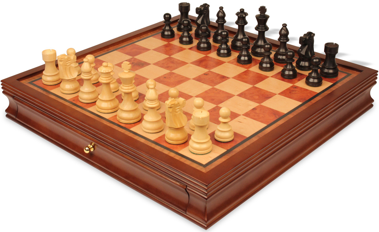 French Lardy Staunton Chess Set - Ebonized & Boxwood Pieces - Elm Burl ...