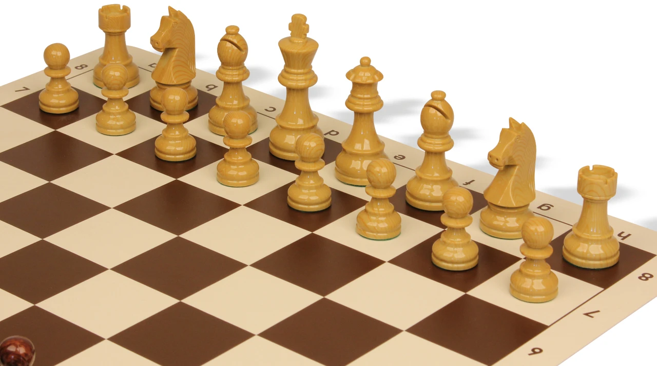 German Knight Plastic Chess Set - Wood Grain Pieces with Vinyl Rollup ...