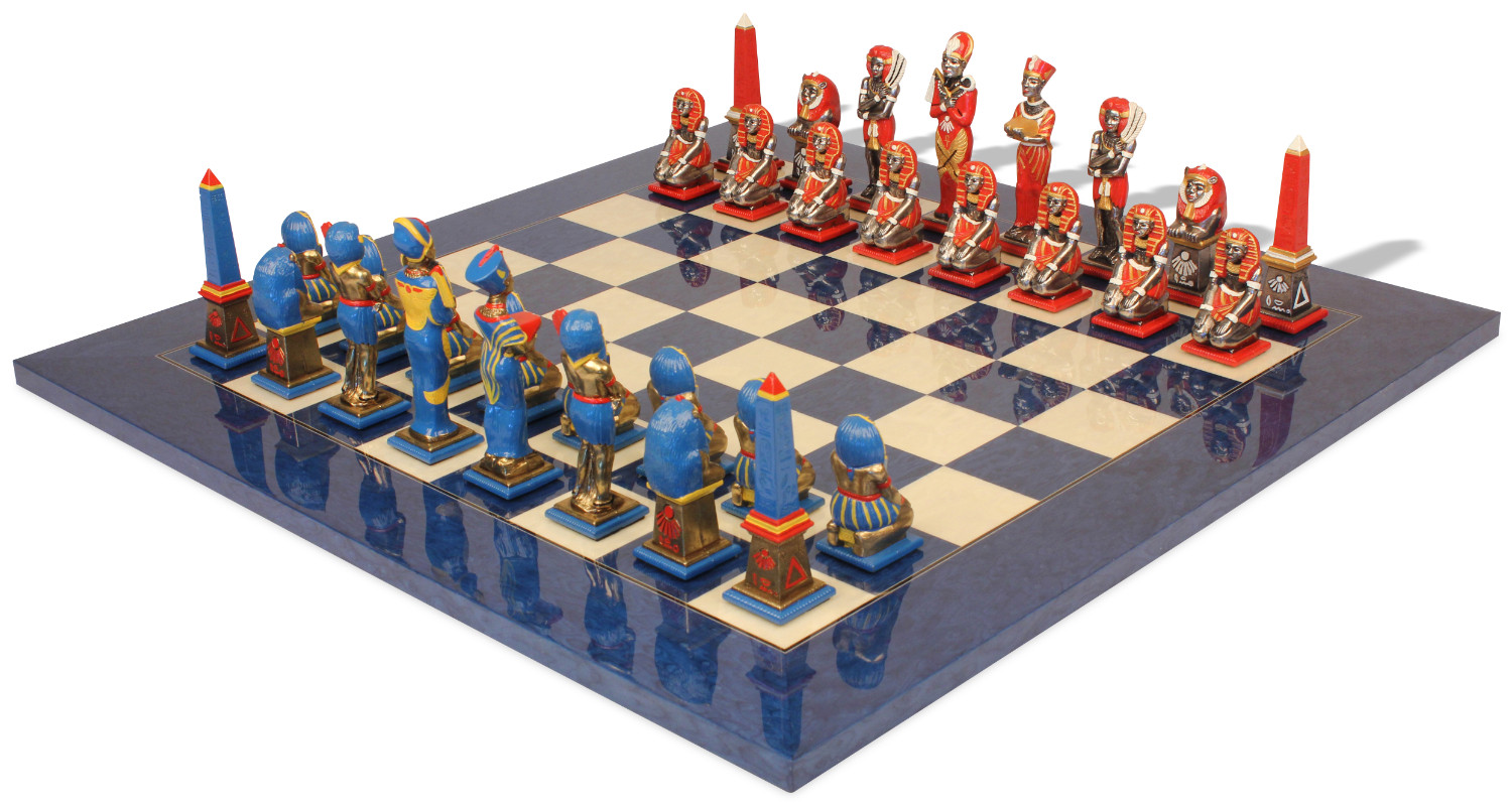 Large Egyptian Theme Hand Painted Metal Chess Set with Blue Ash Burl ...