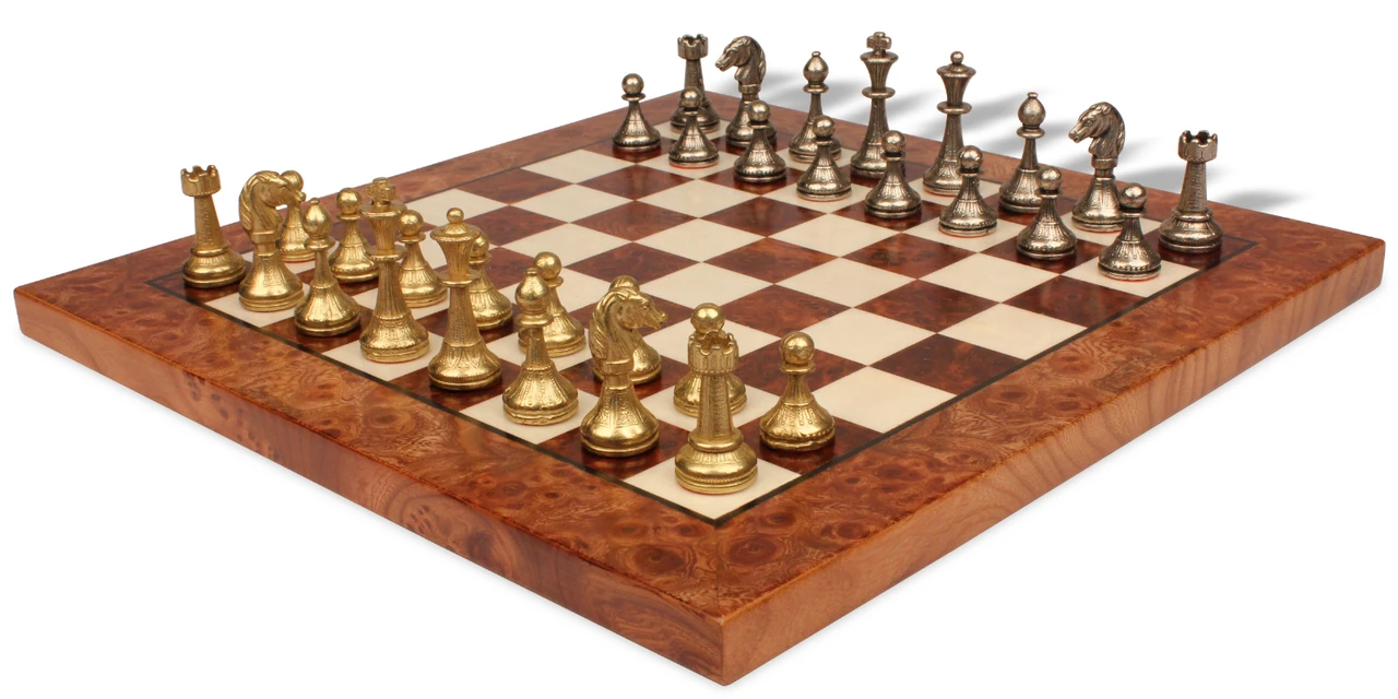 Small Staunton Metal Chess Set with Elm Burl Chess Board - The Chess Store