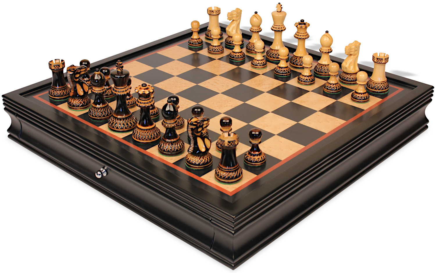 Parker Staunton Chess Set Burnt Boxwood Pieces with Black & Bird's-Eye ...