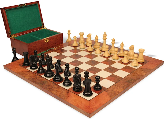 New Exclusive Staunton Chess Set - Ebony & Boxwood Pieces - Elm Burl ...