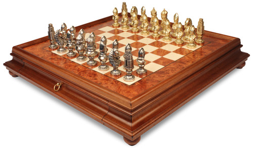 Medieval Theme Metal Chess Set with Elm Burl Chess Case - The Chess Store
