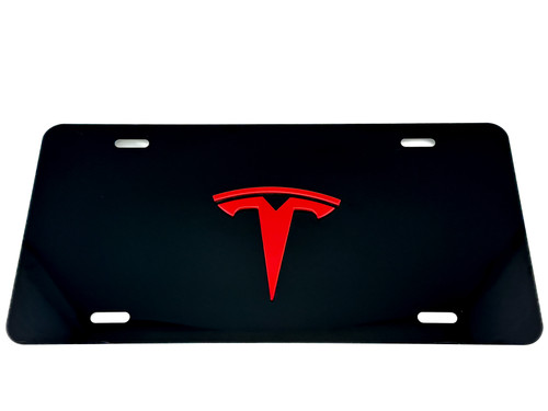 Tesla T "T" logo black front vanity license plate frame gloss red logo ...