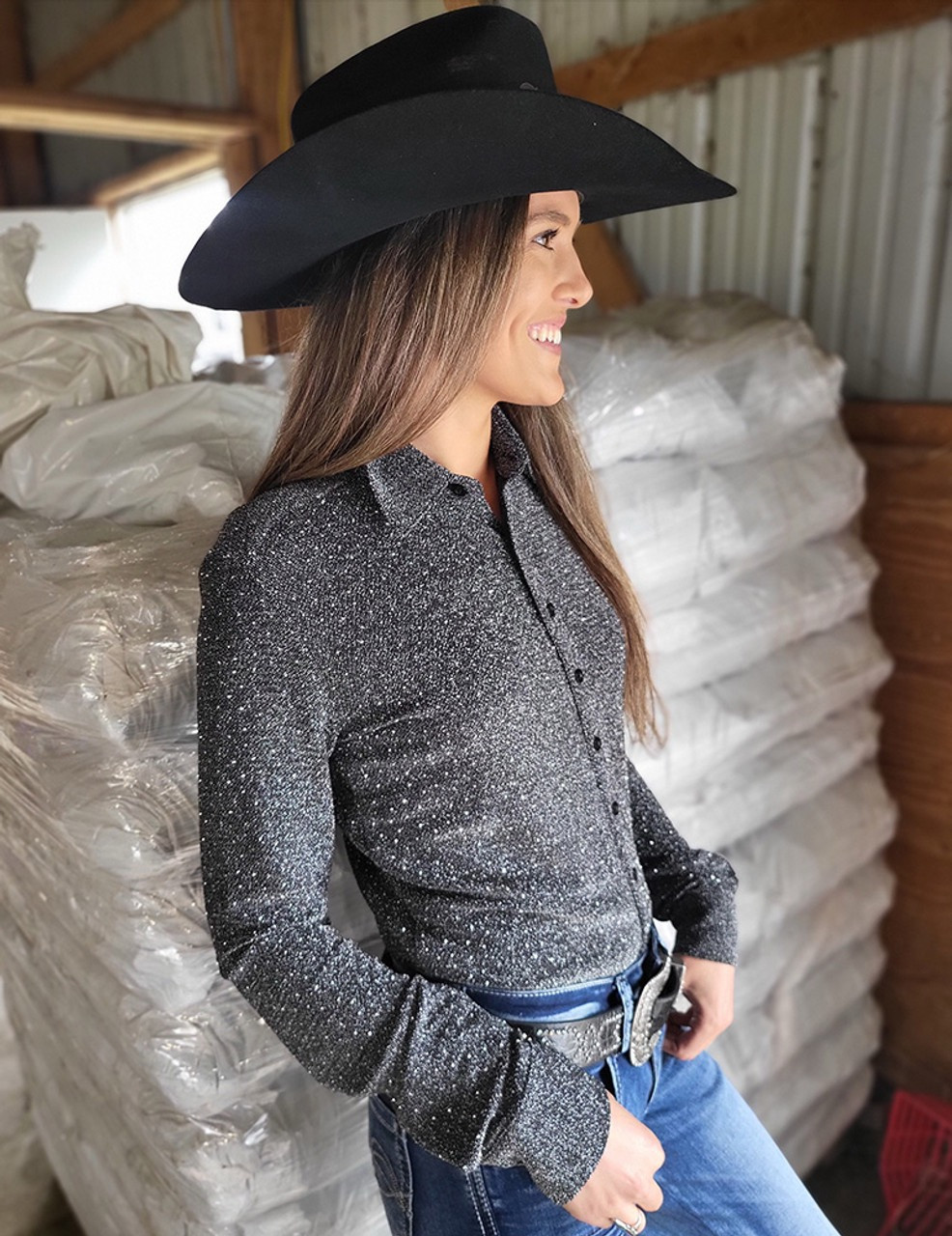 Pullover Button Up (Silver With Silver Crystals Lightweight Stretch ...