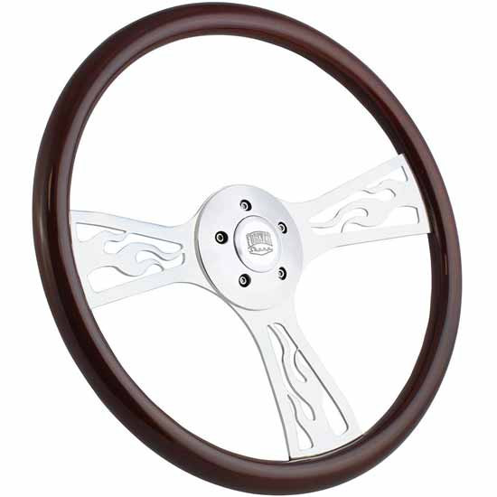 18 Inch Chrome 3 Flame Spoke Dark Wood Steering Wheel Kit - 4 State Trucks