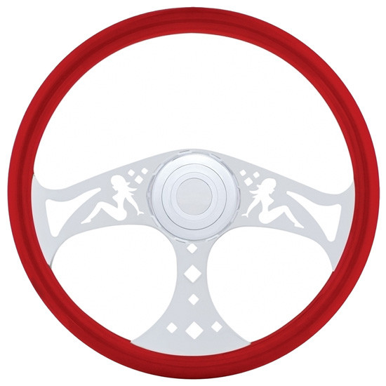 18 Inch Chrome 3 Spoke Lady Cutout Red Wood Rim Steering Wheel Kit - 4 ...