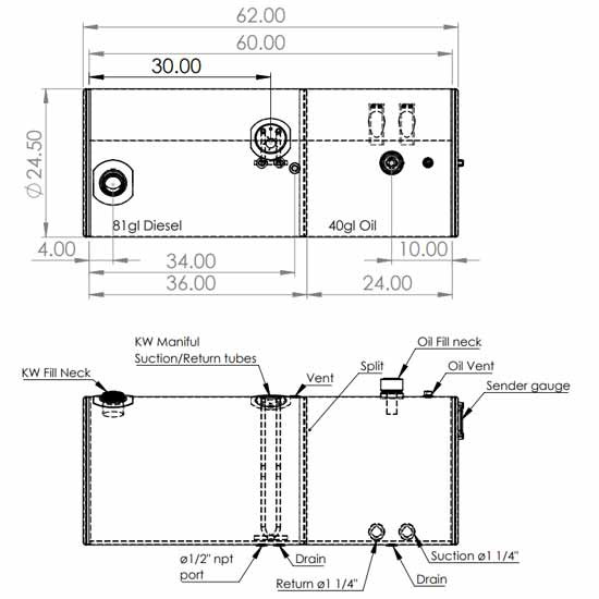BESTfit 120 Gallon Fuel Hydraulic Aluminum Split Tank 24.5 X 62 Inch ...