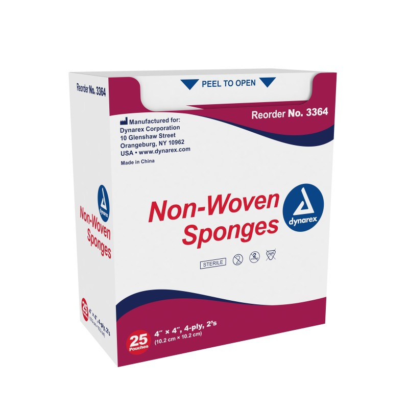 Dynarex Sterile Non-Woven Sponges 4" x 4" 4 Ply - Twin Pack Box of 25 ...
