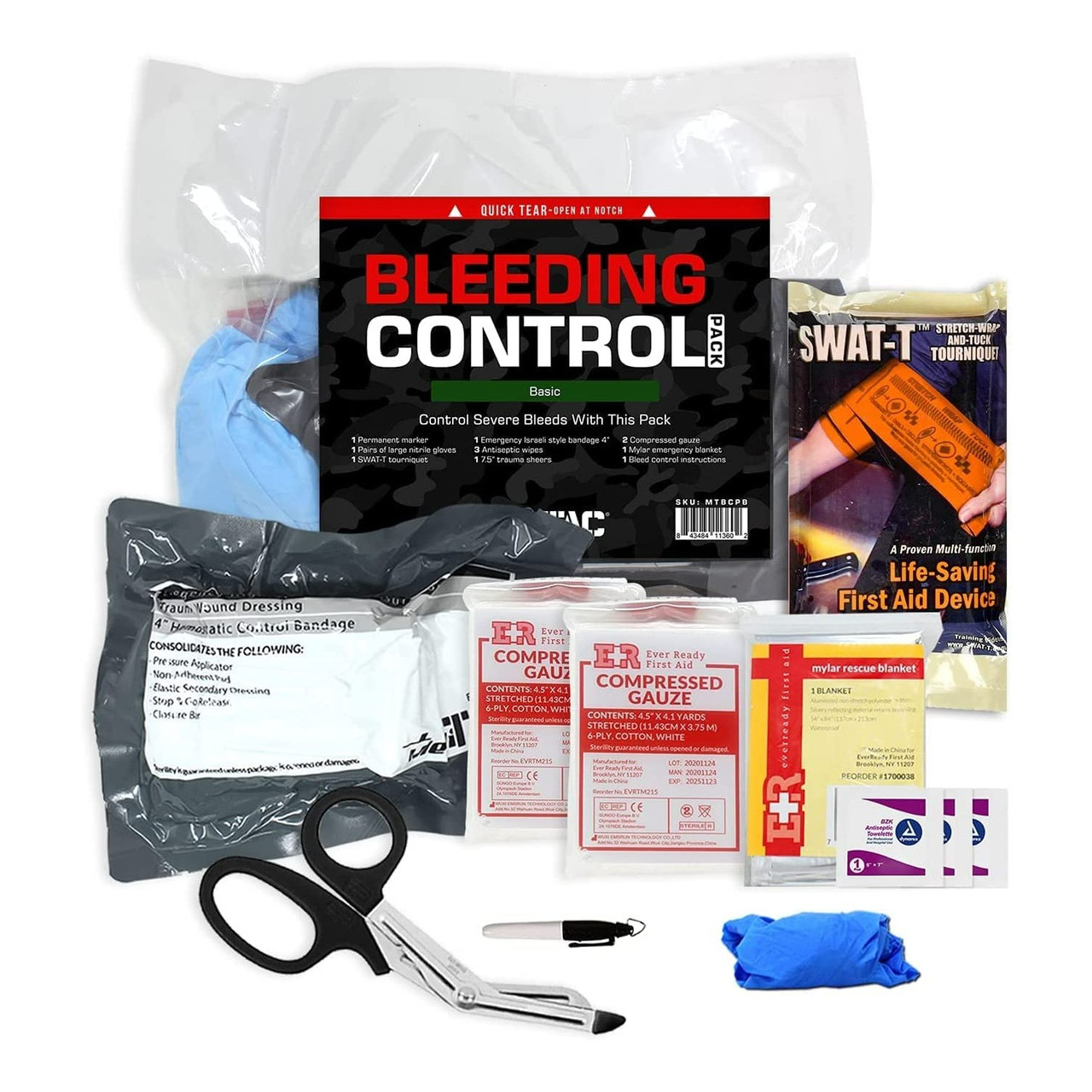 MediTac Bleeding Control Kit in Plastic Case, 4 Individual Vacuum-Sealed Kits for Bystanders and ...