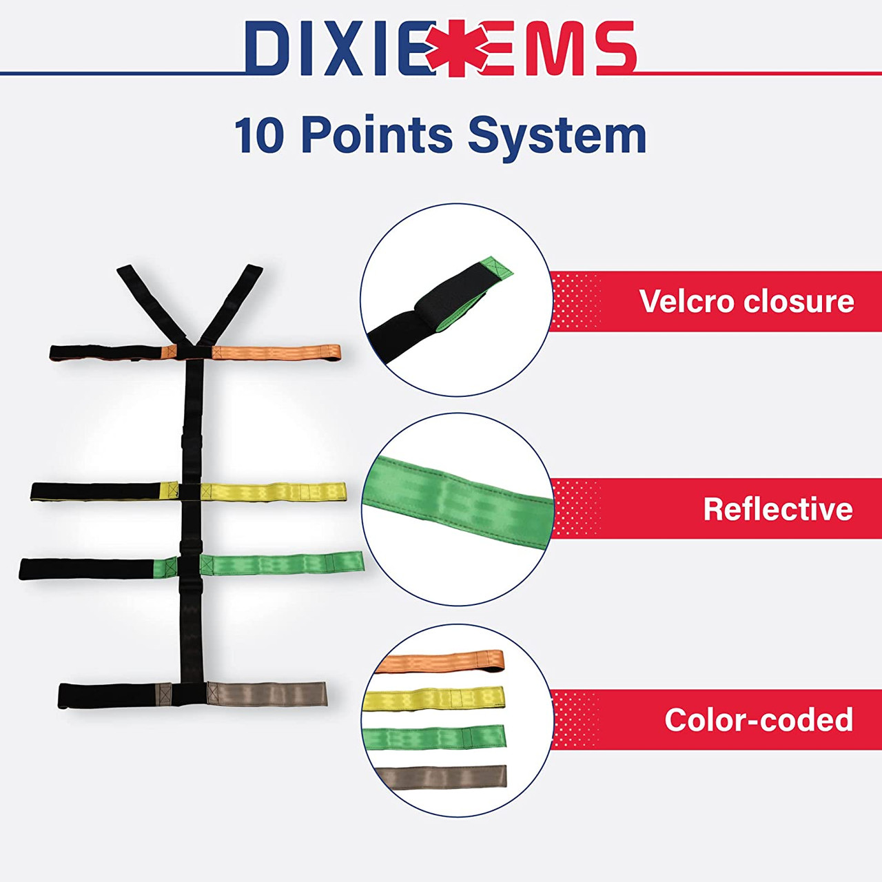 Dixie EMS Backboard Spider Straps, 10 Point Reflective, Color Coded ...