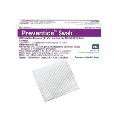 Prevantics Swab, CHG 3.15%/Isopropanol 70% 1-3/16x3-3/16" 1mL 100/Bx